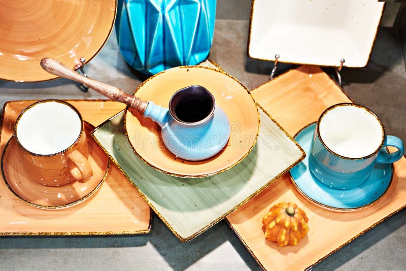 Still Life with Kitchen Utensils, Plate, Mug and Coffee Cezve Stock ...