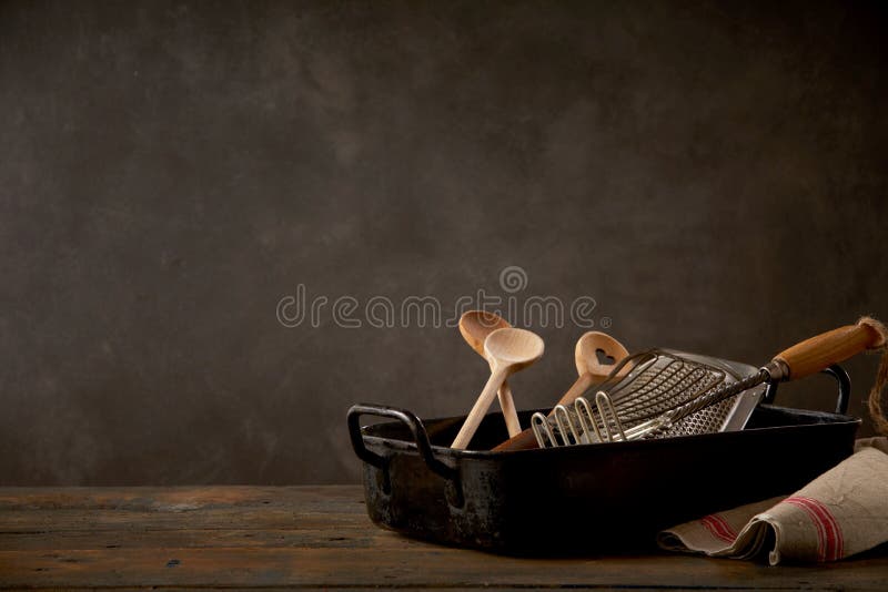 Still Life with Kitchen Utensils Stock Image - Image of metal, food ...