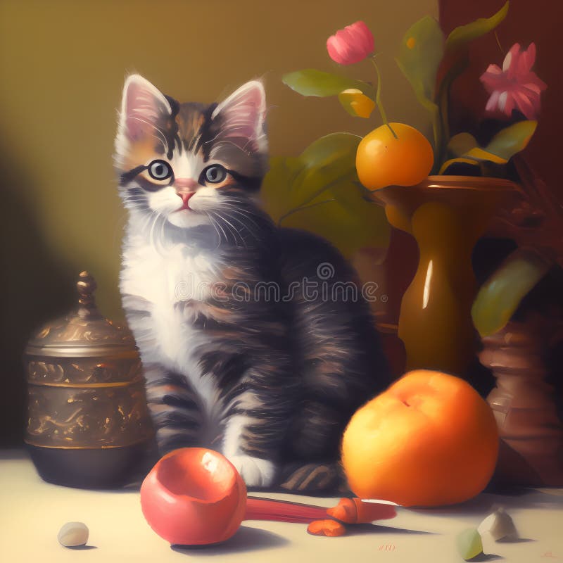 Still Life with Kitten, Generative AI Illustration Stock Illustration ...