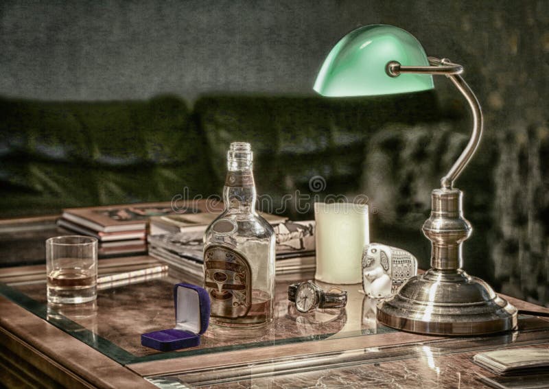 Still Life with Lamp and Alcohol Stock Photo - Image of glass, dishes ...