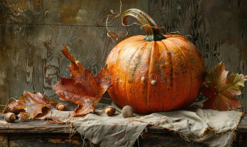 A Still Life with a Large Pumpkin, Autumn Leaves, and Acorns Stock ...