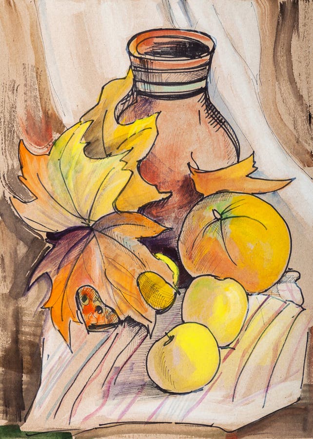 Still life with leaves stock illustration. Illustration of fall - 79108394