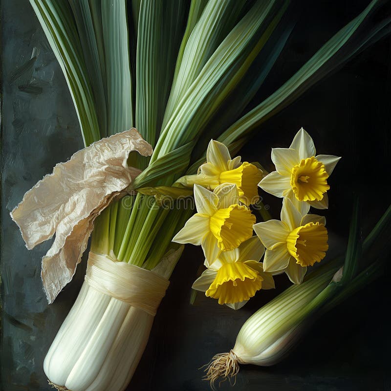 Still Life Leeks and Daffodils Springtime Floral Arrangement Elegant ...