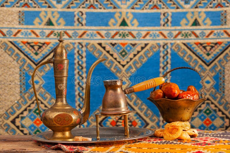 Middle Eastern Coffee Pot, Pitcher and Fruits Stock Photo - Image of ...