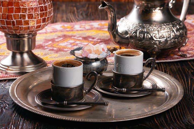Still Life with a Middle Eastern Coffee Set on Wooden Table Stock Photo ...