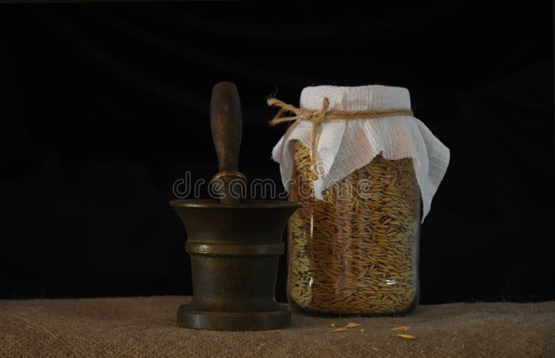 Still Life with a Mortar, Grains and Can Stock Image - Image of diet ...
