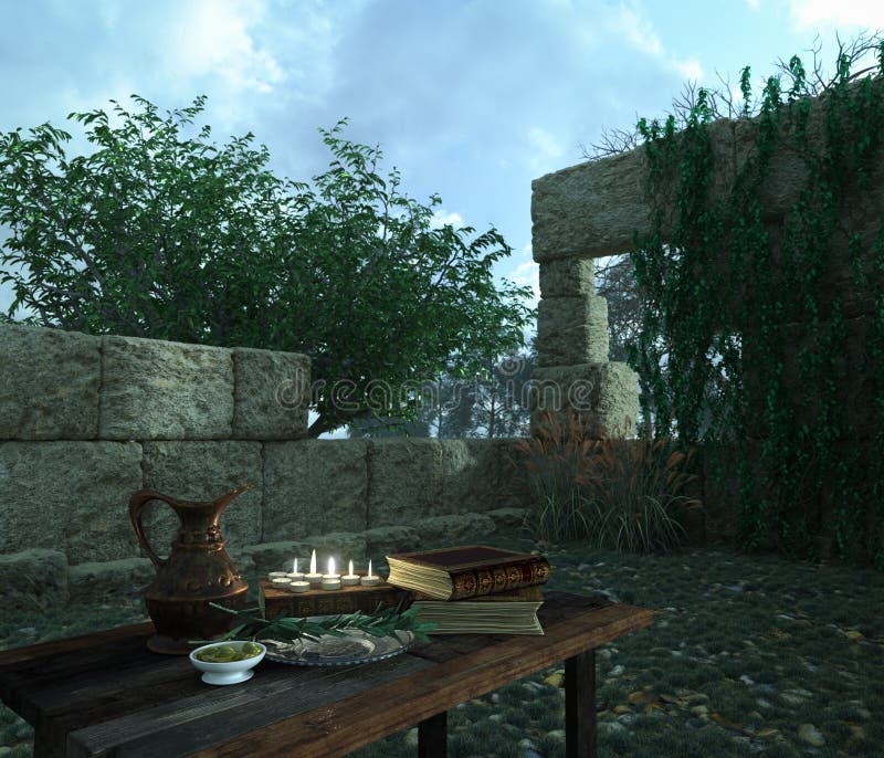Still Life on Nature with Ancient Ruins, Books, Olive and Pitcher Stock ...