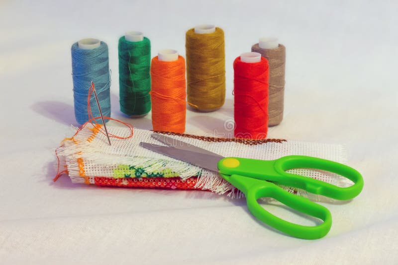 Still-life of Needlework: Cloth, Scissors, Thread, Needle_ Stock Photo ...