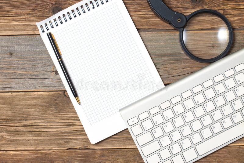 Still Life with Note Pad, Computer Keyboard, Magnifying Glass an Stock ...