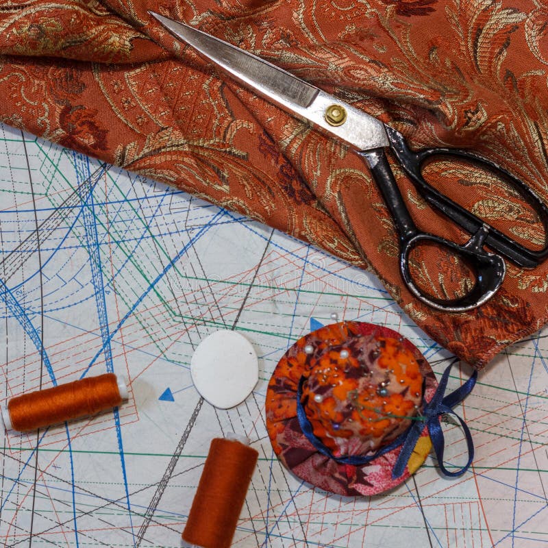 Still Life of Objects for Sewing: Threads, Scissors, Centimeter, Pins ...