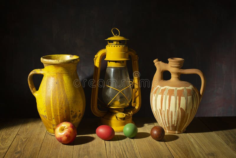 Still Life, Old Lantern, Ceramic Dishes, Apple and Colored Eggs on Table Stock Image - Image of ...