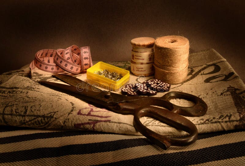Still Life Old Scissors on Vintage Fabrics Stock Photo - Image of ...