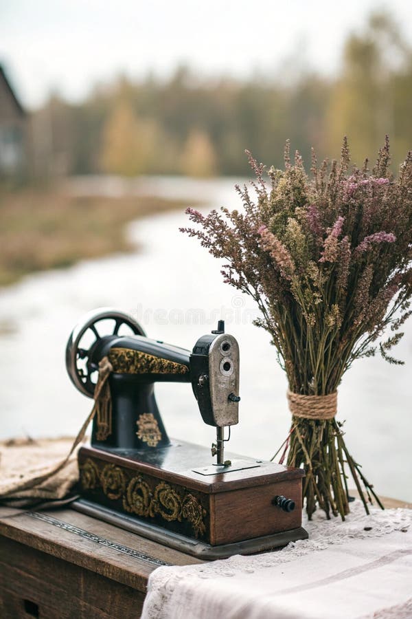 Still Life with Old Sewing Machine and Heather Stock Illustration ...