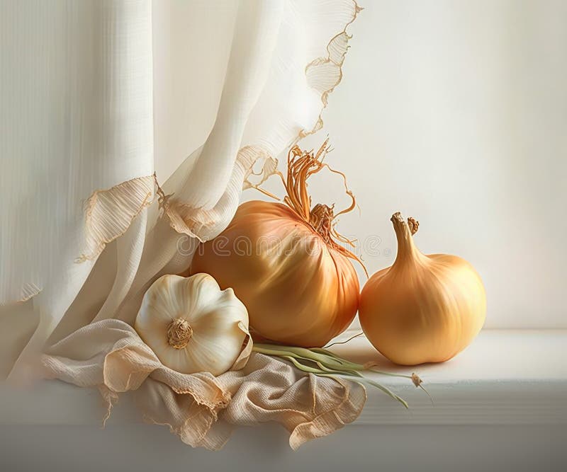 Still Life with Onions and Garlic on White Background, Generative Ai ...