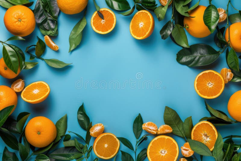 Still Life Oranges Leaves Arranged Circular Pattern Blue Background ...
