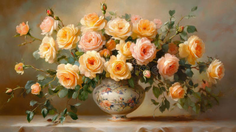 A Still Life Painting of Peach Roses in a Vase Stock Illustration ...
