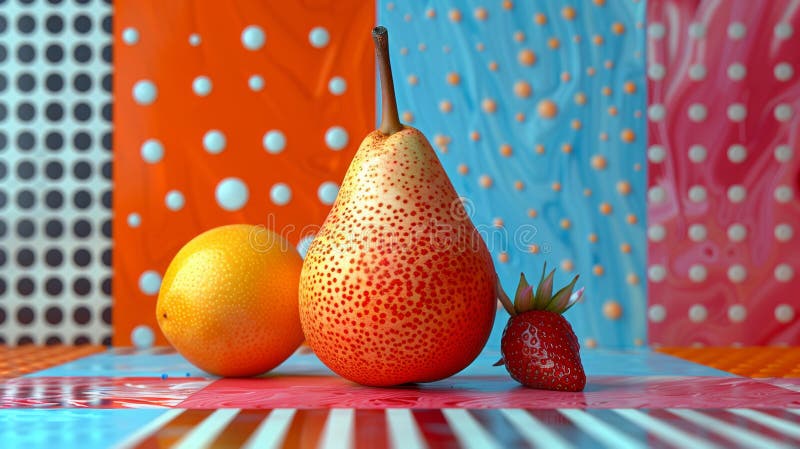 Still Life of Pear, Orange, and Strawberry on Patterned Background ...
