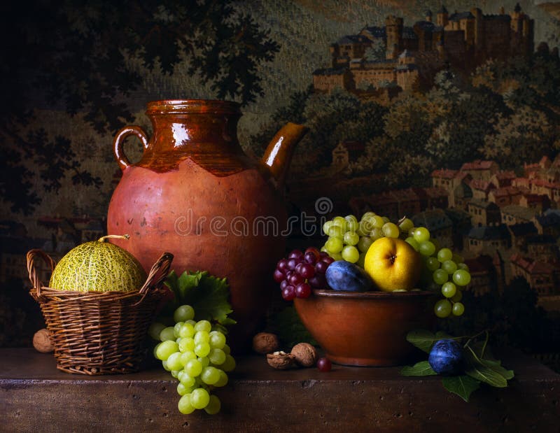 Still Life with Pears and Grapes Stock Image - Image of painting ...
