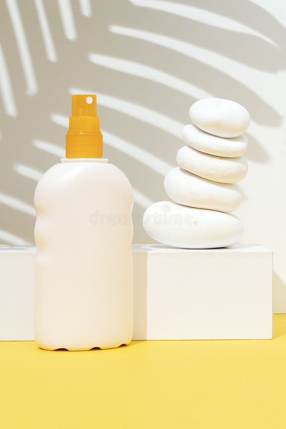 Pebbles Stack with Spray Bottle Mockup on White and Yellow Background ...
