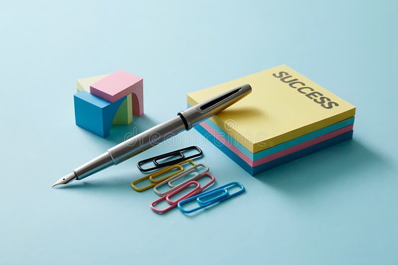 Still Life of Pen, Paper Clips, Sticky Notes with Success Text, and ...