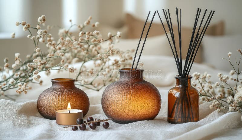 A Still Life Photo of a Lit Candle and a Diffuser with Sticks on a ...