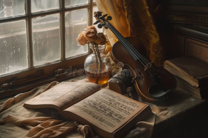 Still Life Photography of a Violin and Sheet Music Notes Stock ...