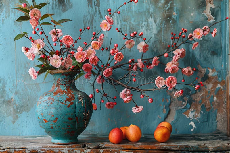 Still Life with Pink Cherry Blossoms in a Blue Vase Stock Illustration ...