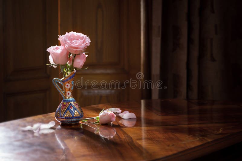 Still Life with Pink Rose in Vase on Wooden Table Stock Image - Image ...