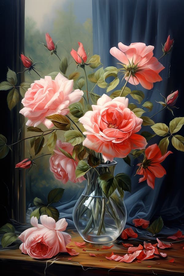 Still Life with Pink Roses. AI Generative Stock Illustration ...