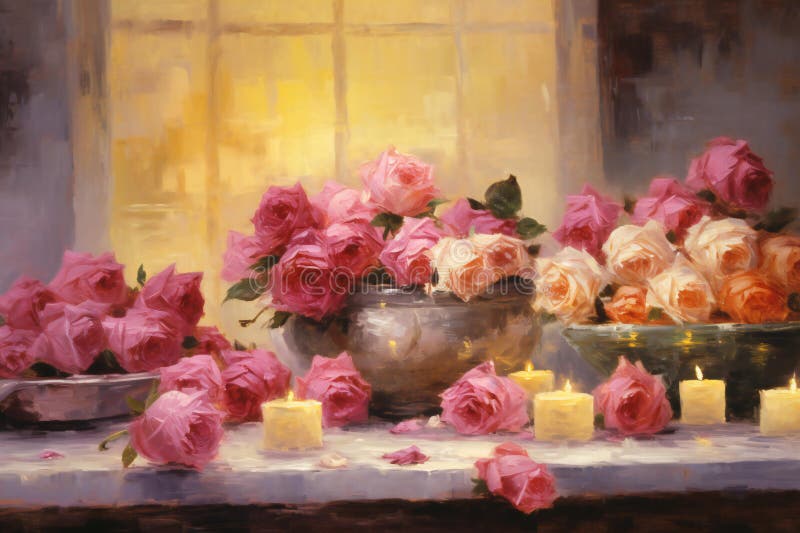 Still Life with Pink Roses and Candles in a Vase on the Table Stock ...
