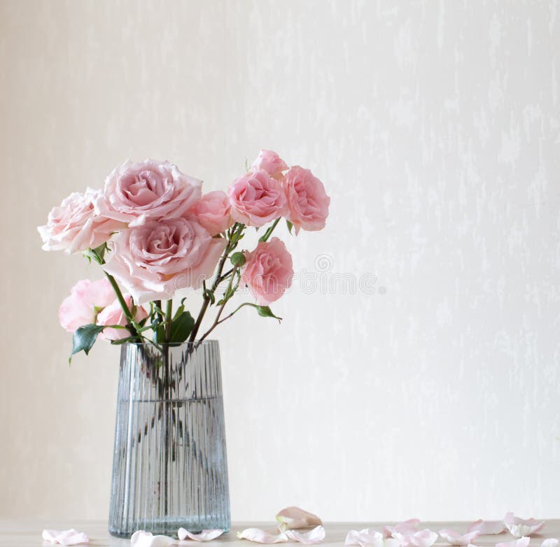 Still Life with Pink Roses in Glass Vase Stock Photo - Image of ...