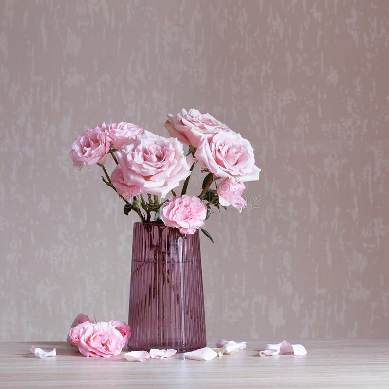 Still Life with Pink Roses in Glass Vase Stock Photo - Image of romance ...