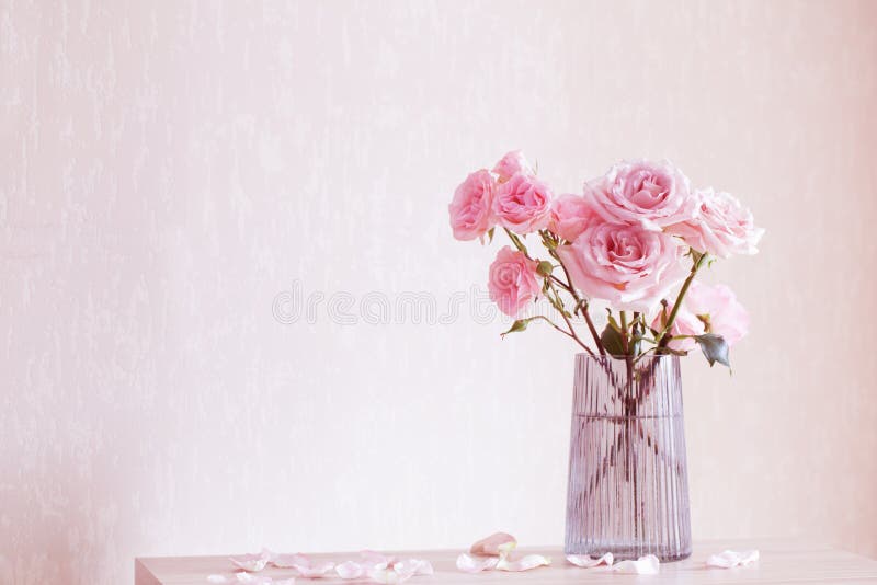 Still Life with Pink Roses in Glass Vase Stock Photo - Image of light ...