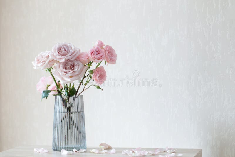 Still Life with Pink Roses in Glass Vase Stock Photo - Image of vase ...