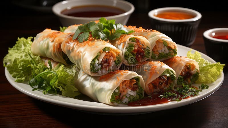Still Life a Plate of Vietnamese Spring Rolls. Generative AI. Stock ...