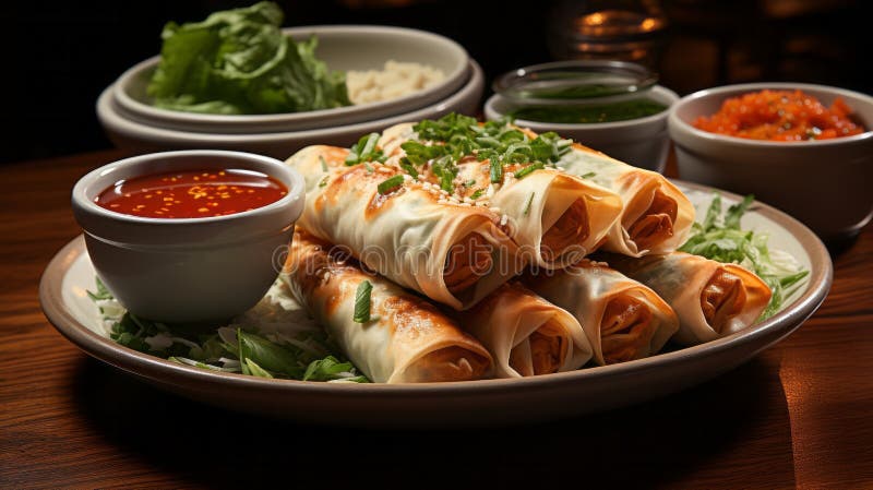 Still Life a Plate of Vietnamese Spring Rolls. Generative AI. Stock ...