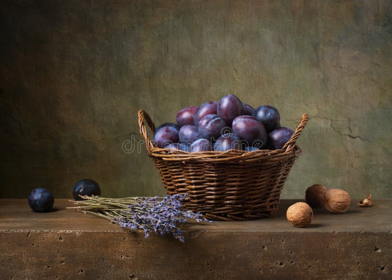 Still Life with Black Plums in a Basket Stock Image - Image of plums ...