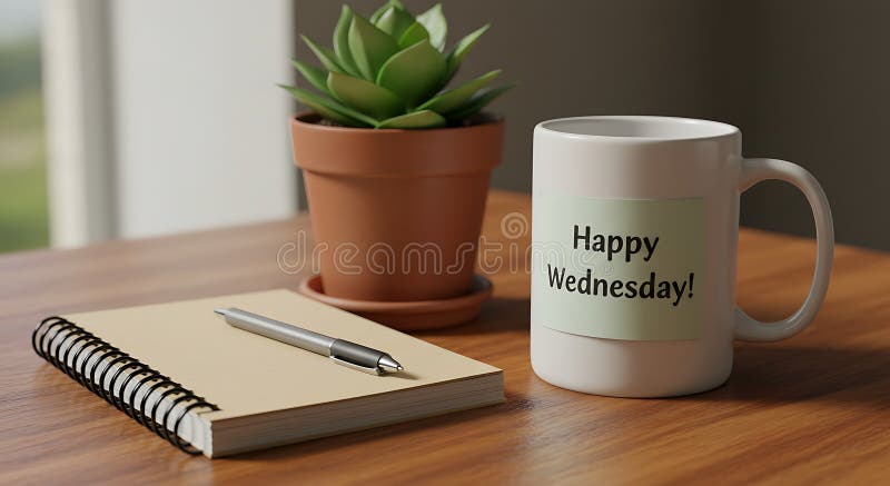 Still Life with Potted Plant Notebook and Happy Wednesday Mug ...