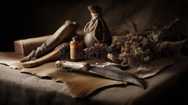 Still Life of Primitive Tools, Bones, and Dried Herbs on Animal Hide ...