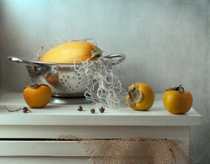 Still Life with Pumpkin and Persimmon Stock Photo - Image of healthy ...