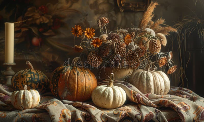 A Still Life with Pumpkins and Dried Flowers Stock Photo - Image of ...