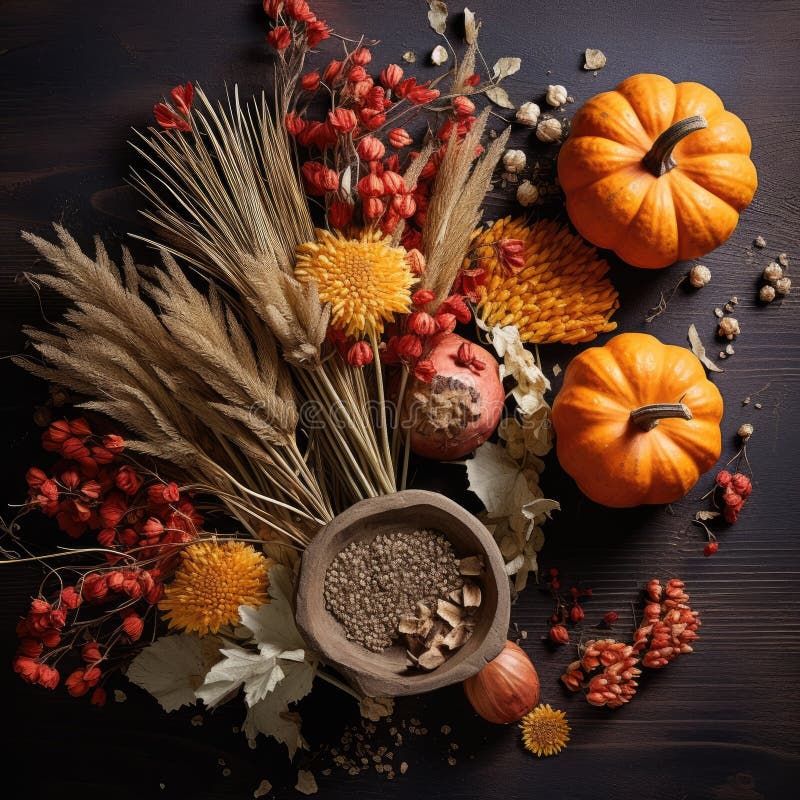 Still Life of Pumpkins and Flowers Top View Stock Photo - Image of fall ...