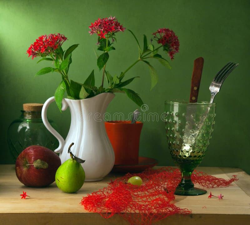 Still Life with Red Flowers and Fruits Stock Photo - Image of tasty ...