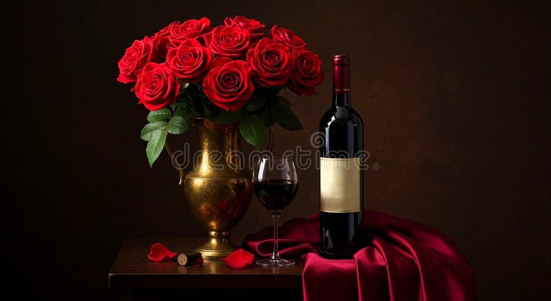 Still Life with Red Wine and Roses Stock Illustration - Illustration of ...