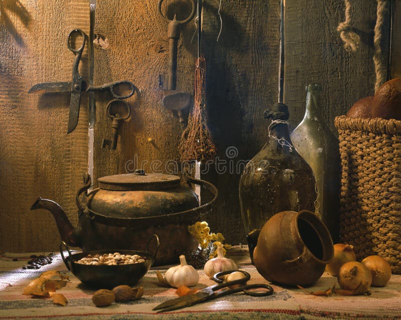 Still Life of Rural Life with Kettle and Bottle Stock Photo - Image of ...