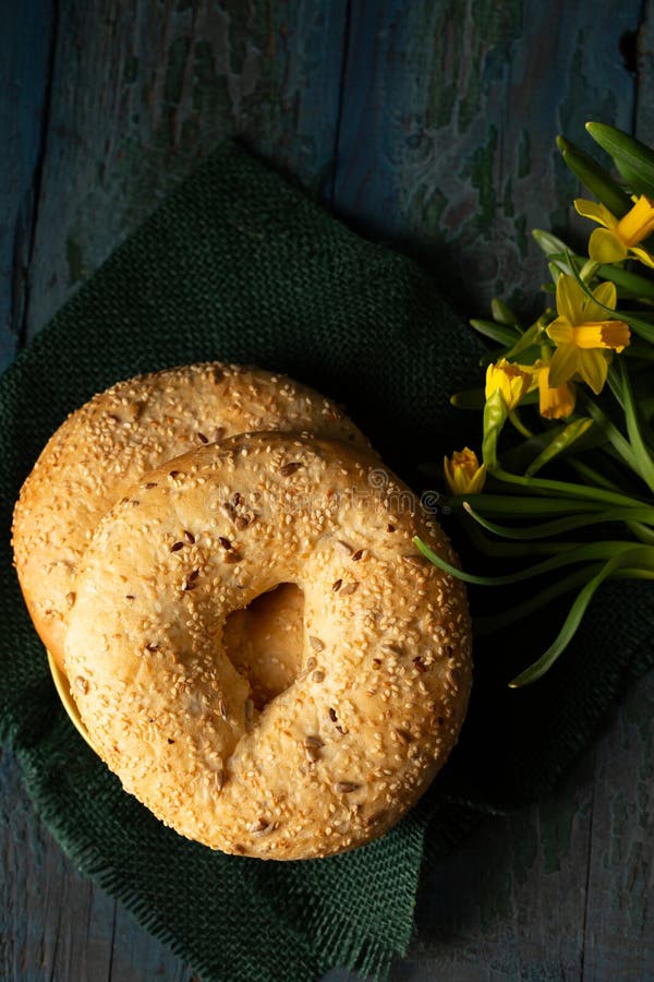 Still Life Rustic Style Bagels Sprinkled Seeds Daffodils Stock Photos ...