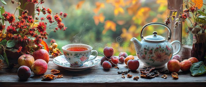 A Still Life Scene of Autumn with a Teapot, Teacup, and Fall Foliage ...