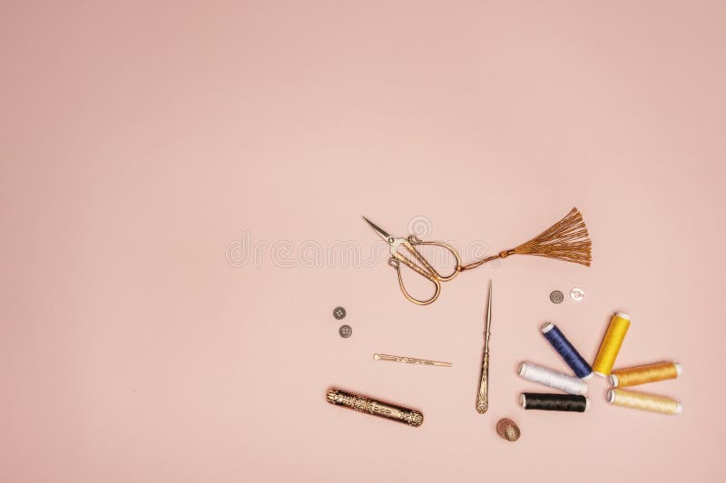 Sewing Still Life with Spools of Colored Threads, Buttons, Metal ...