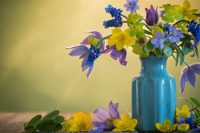Spring Flowers on Blue Paper Background Stock Image - Image of blue ...
