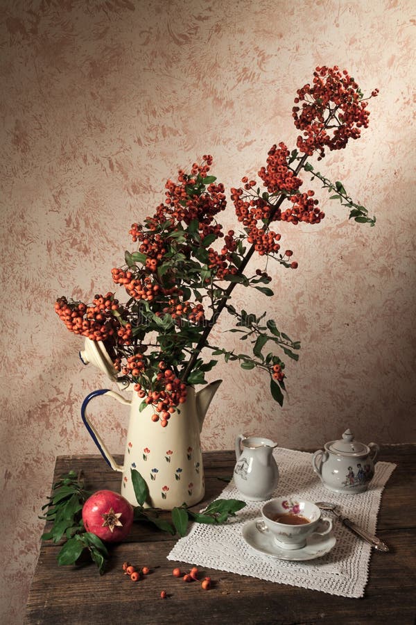 Still Life with Tea and Fruit Stock Image - Image of color, flowers ...